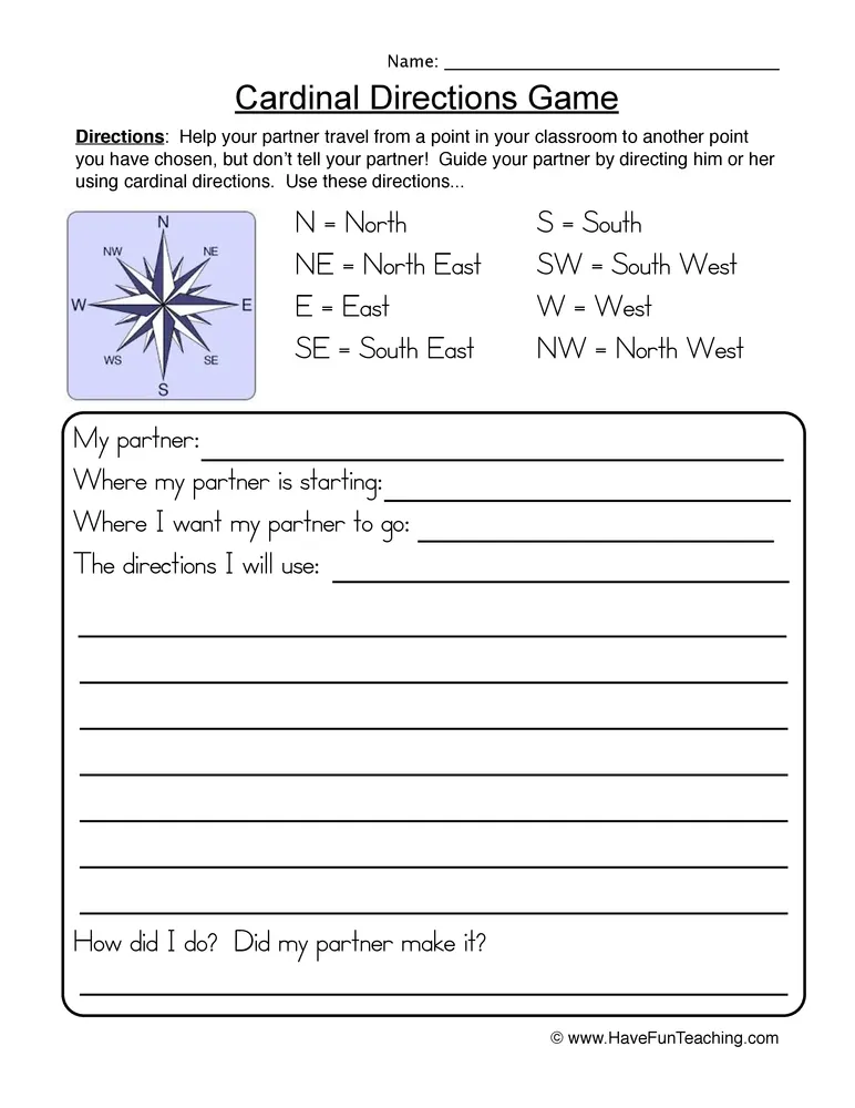 Cardinal Directions Worksheet - Game by Teach Simple