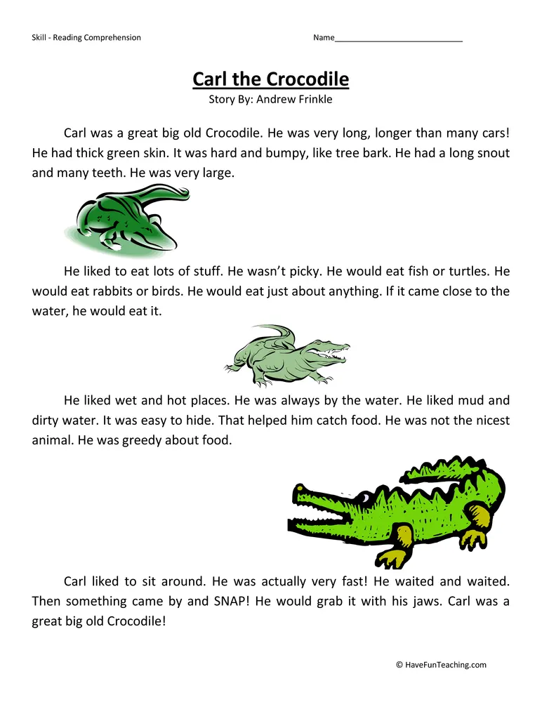 Carl the Crocodile - Reading Comprehension Worksheet by Teach Simple