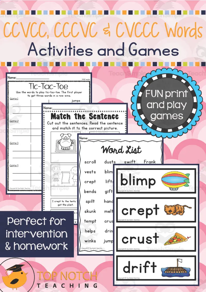 CCVCC, CCCVC, & CVCCC Words Activity Packet by Teach Simple