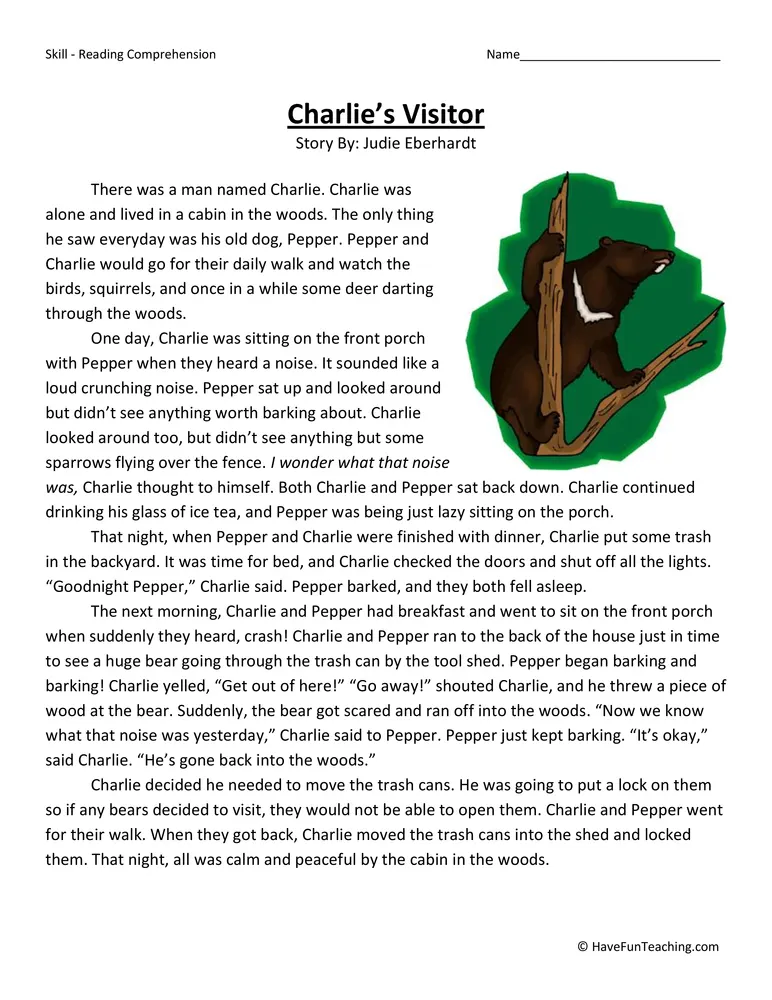 Charlie's Visitor - Reading Comprehension Worksheet by Teach Simple