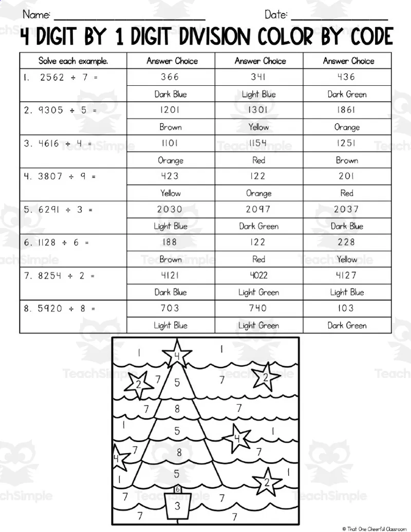 Christmas 4 Digit by 1 Digit Division Color by Code by Teach Simple