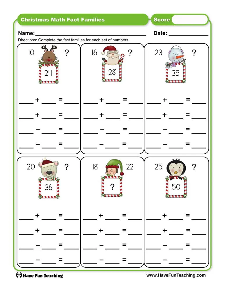 Christmas Math Fact Families Worksheet by Teach Simple