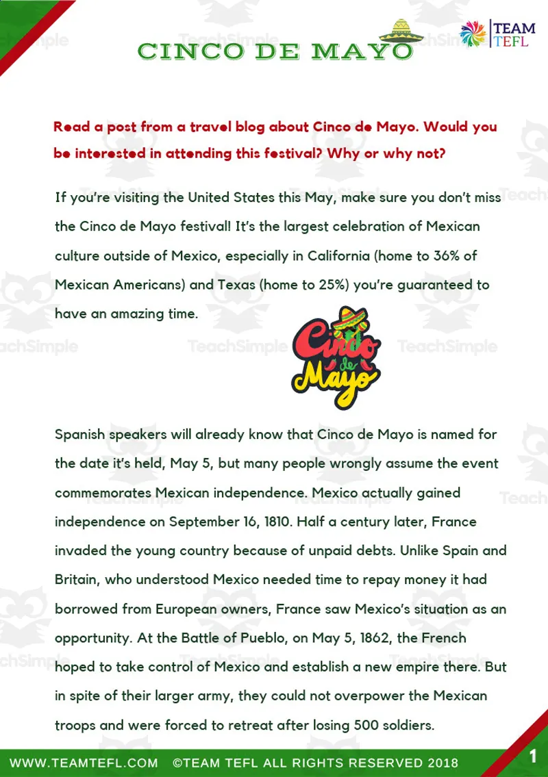 Cinco de Mayo Reading Activities by Teach Simple