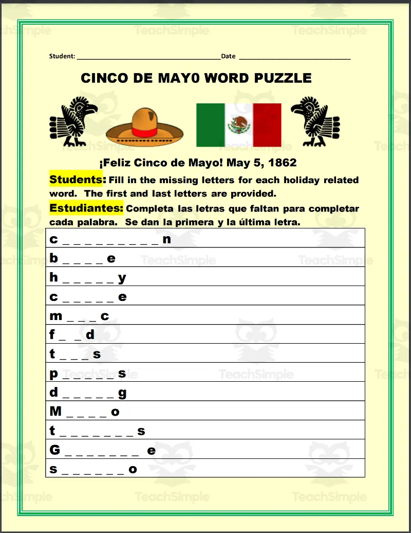 Cinco de Mayo Word Puzzle by Teach Simple