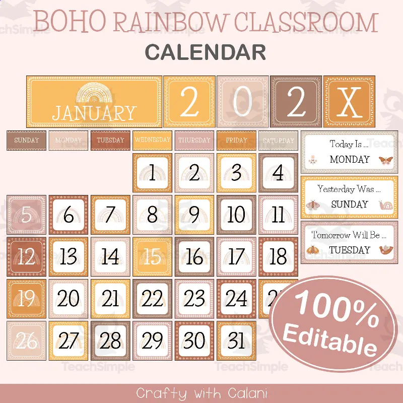 Classroom Calendar in Boho Rainbow Theme - 100% Editable by Teach Simple