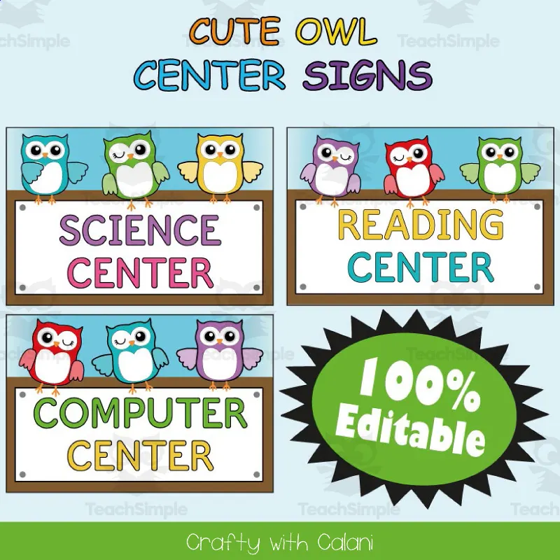 Classroom Center Sign in Owl Theme - 100% Editable by Teach Simple