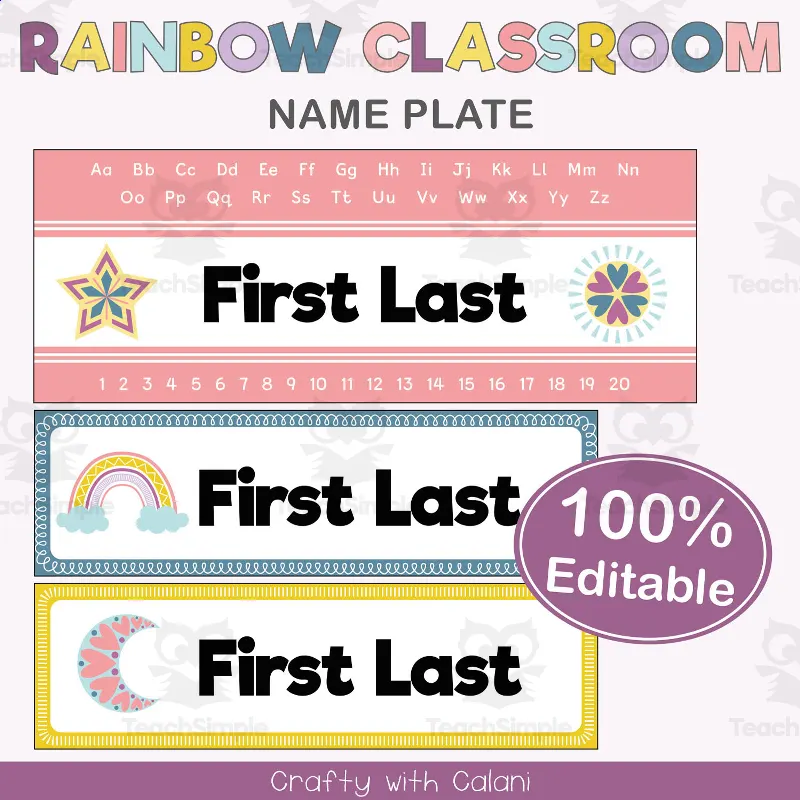 Classroom Desk Name Plate in Pastel Rainbow Theme - 100% Editable by ...