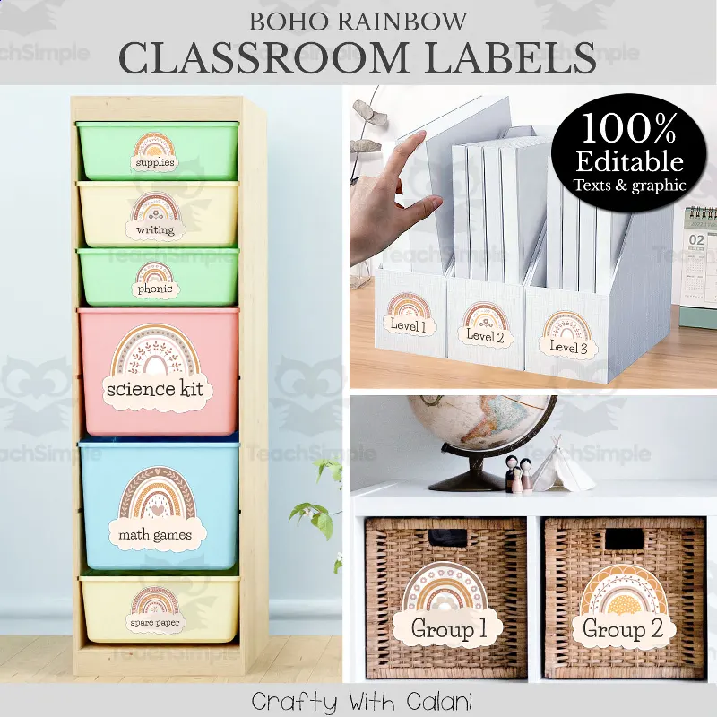 Classroom Editable Label Template Boho Rainbow Theme - 100% Editable by ...