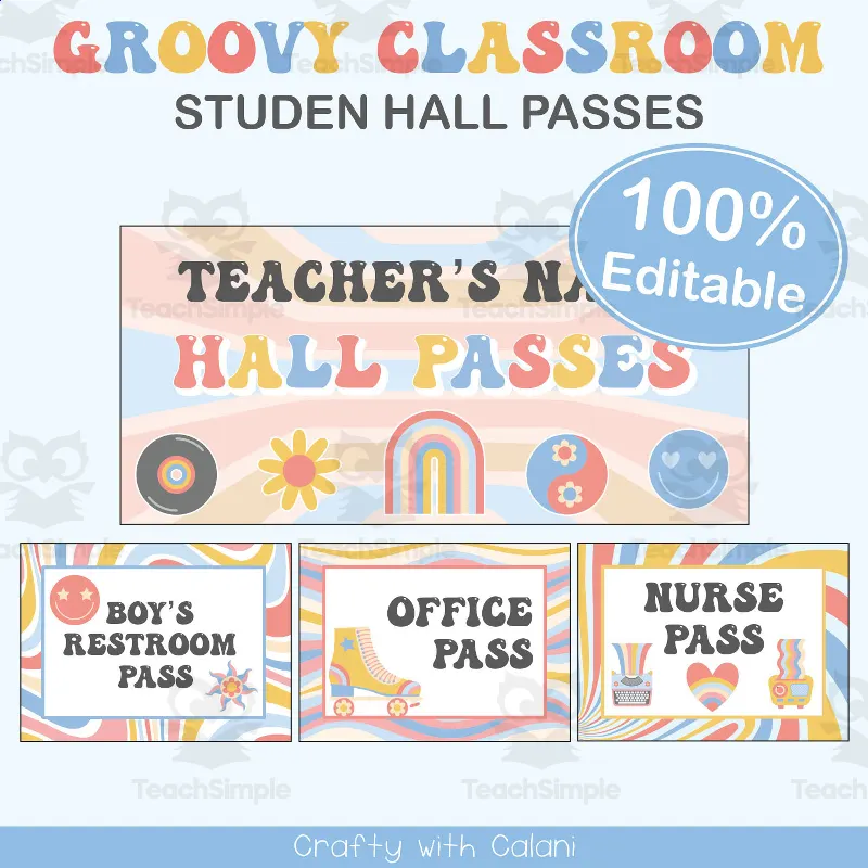 Classroom Hall Pass in Groovy Theme - 100% Editable by Teach Simple