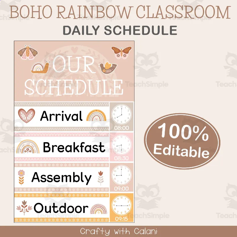 Classroom Schedule with Clocks in Boho Rainbow Theme - 100% Editable by ...