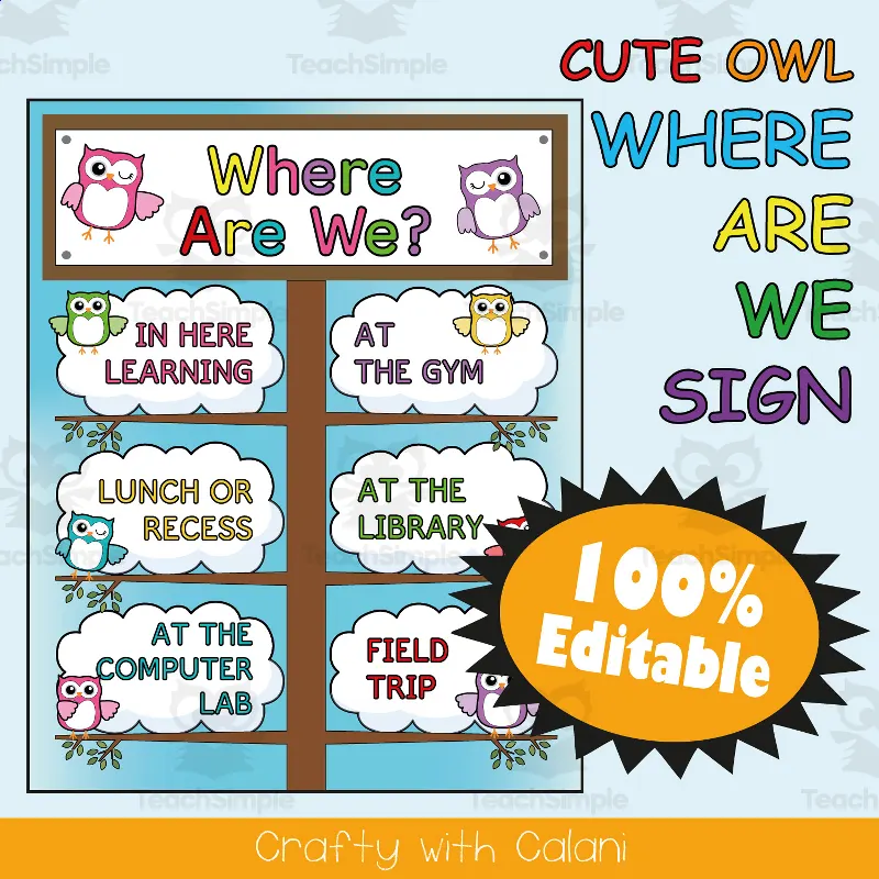 Classroom Where Are We Door Sign in Owl Theme - 100% Editable by Teach ...