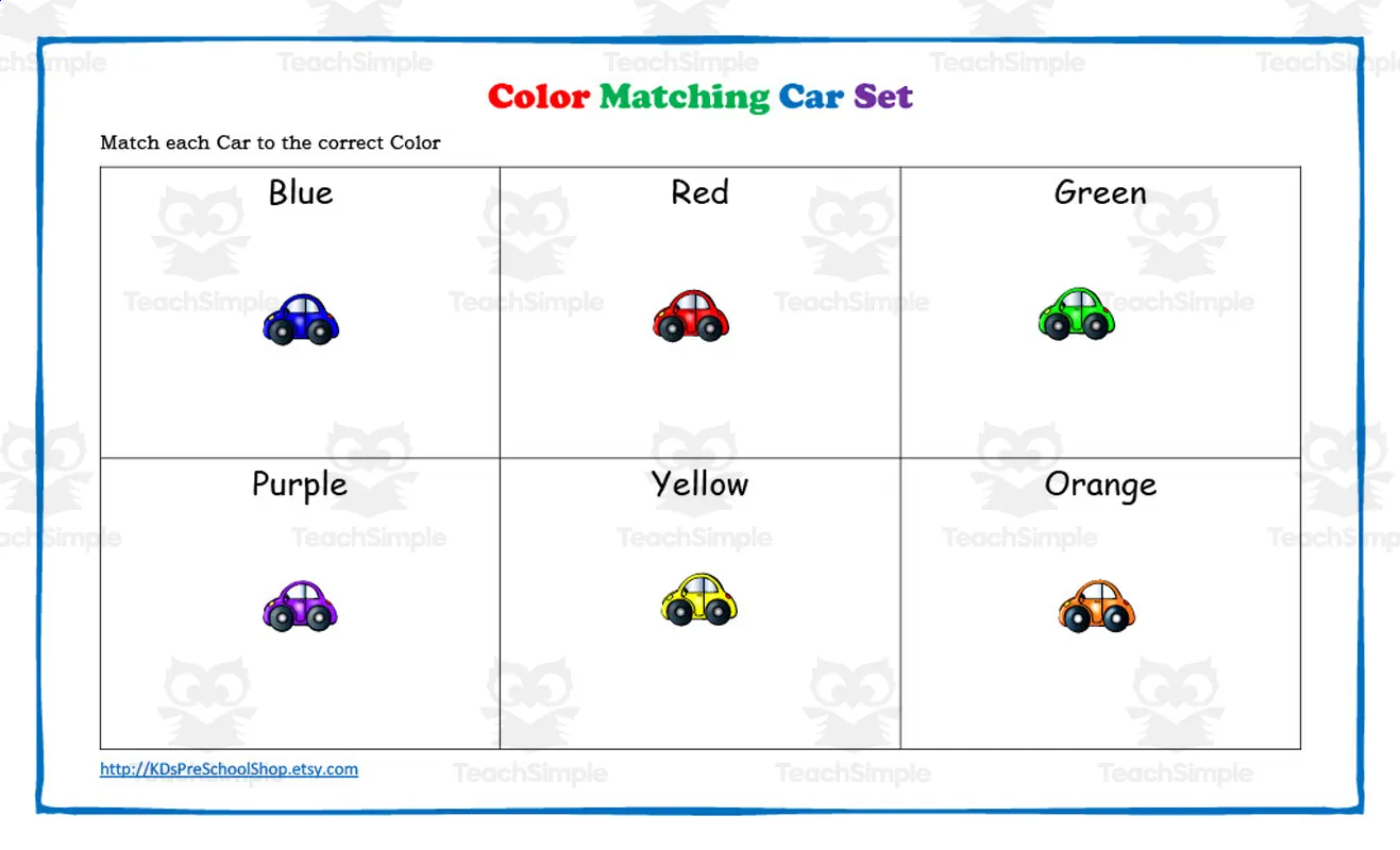 Color Matching Car Set Worksheet by Teach Simple