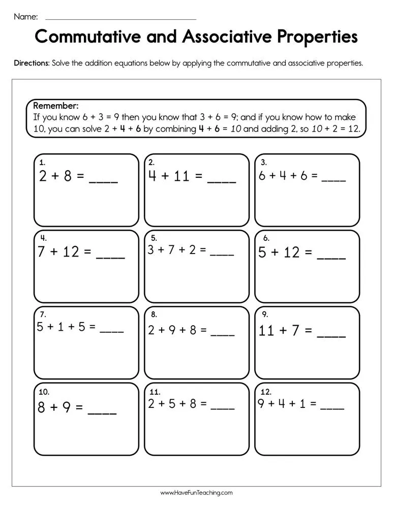 Commutative and Associative Properties Worksheet by Teach Simple