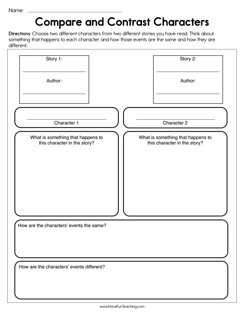 Compare and Contrast Characters Worksheet by Teach Simple
