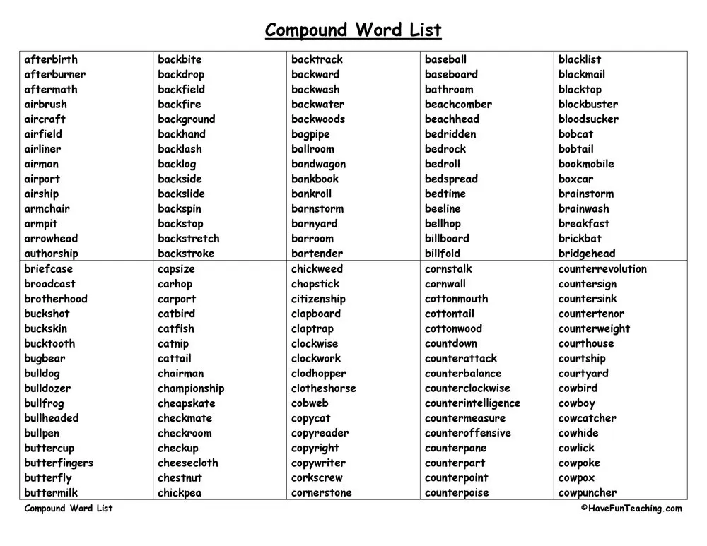 Compound Word List by Teach Simple