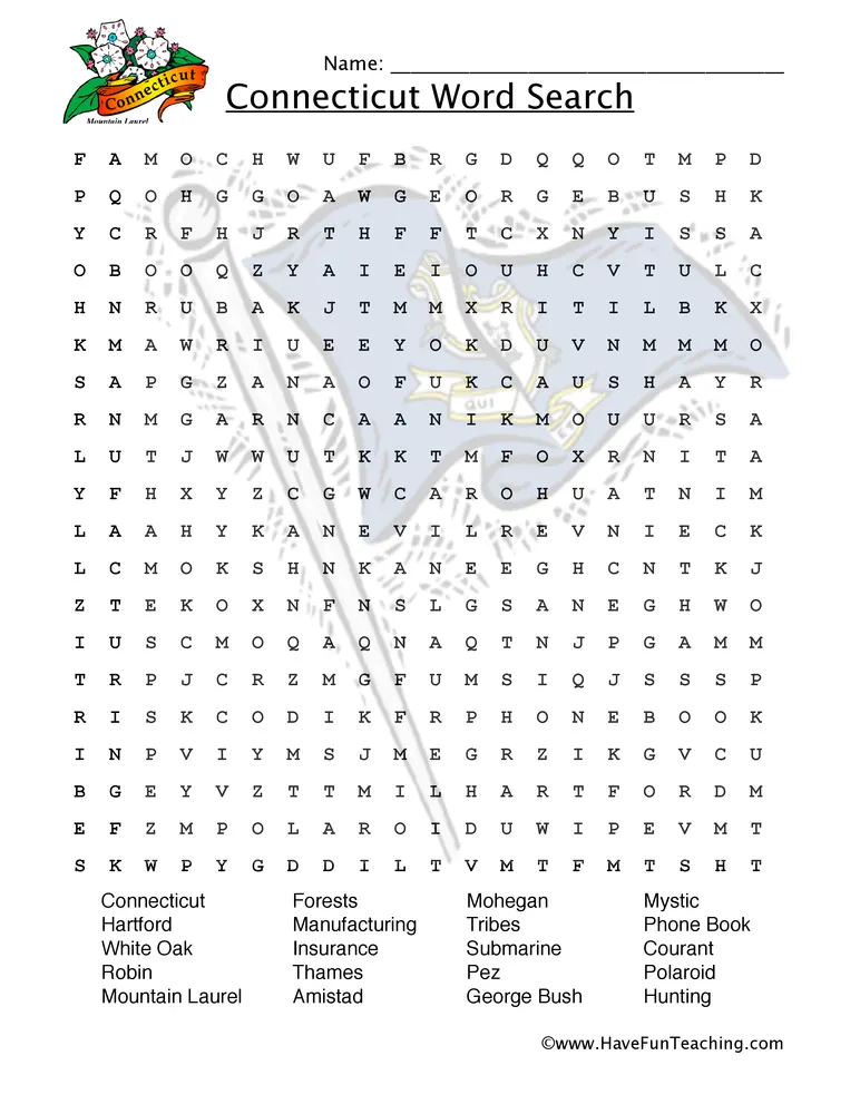Connecticut Word Search Worksheet by Teach Simple
