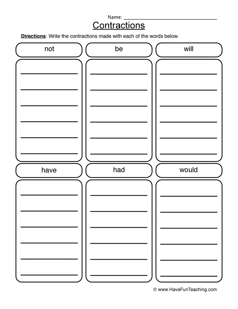 Contractions List Worksheet by Teach Simple