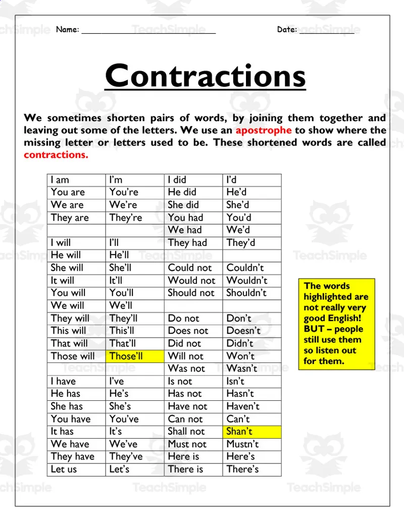 Contractions Worksheet by Teach Simple