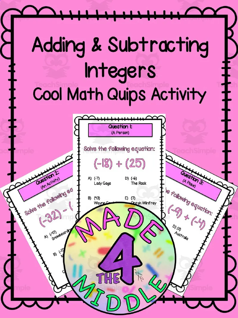Cool Math Quips Activity: Adding + Subtracting Integers by Teach Simple