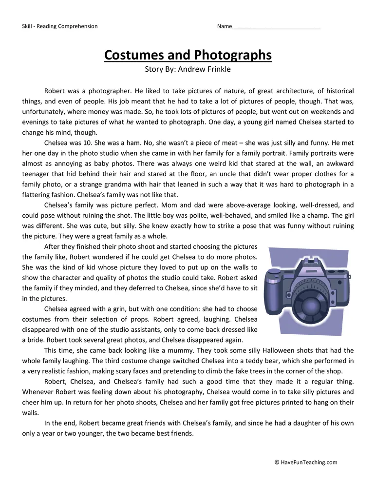 Costumes and Photographs - Reading Comprehension Worksheet by Teach Simple