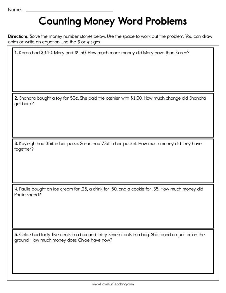 Counting Money Word Problems Worksheet by Teach Simple