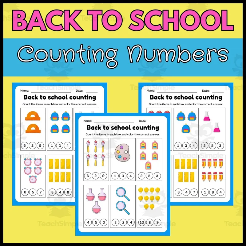 Counting Numbers Worksheets for Kids - Back to School by Teach Simple