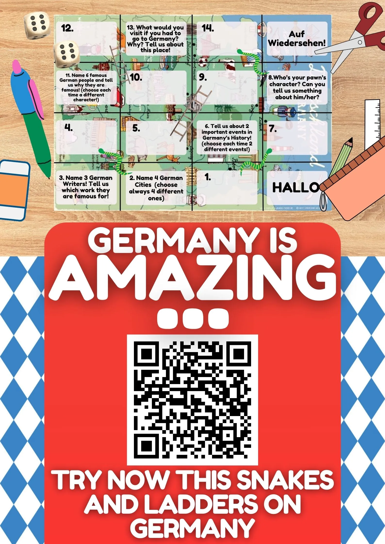 Country Study on Germany Snakes and Ladders Board Game PDF Printable by ...