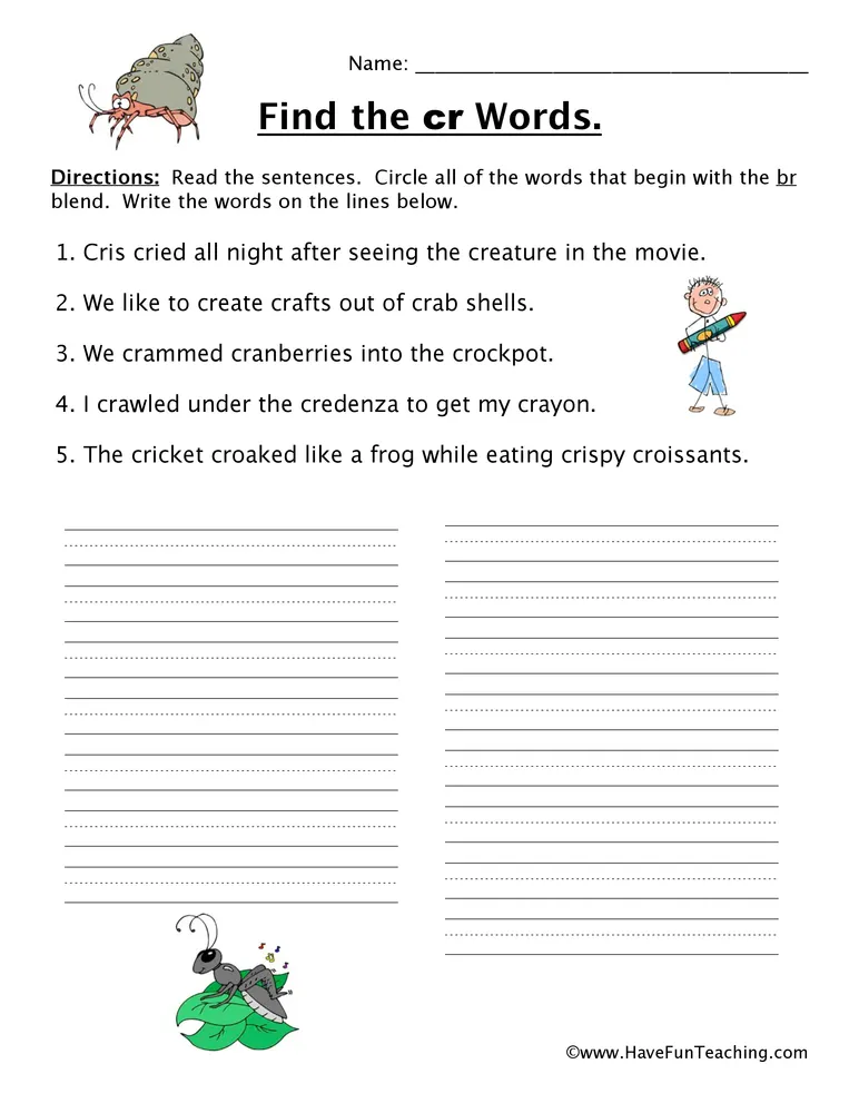CR Blends Worksheet by Teach Simple