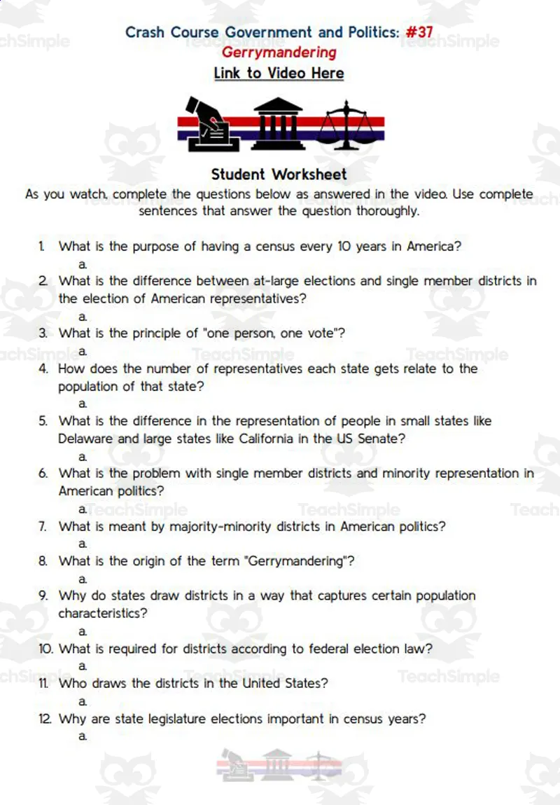 Crash Course: Government and Politics #37: Gerrymandering Worksheet by ...