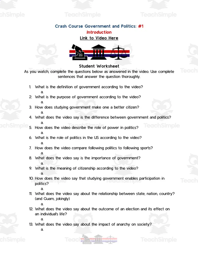 Crash Course Government Episode Worksheet | 1 - Introduction by Teach ...