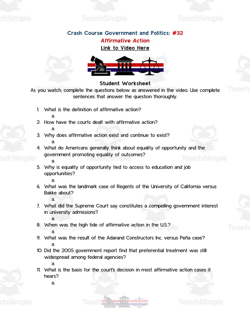 Crash Course Government Episode Worksheet | 32 - Affirmative Action by ...