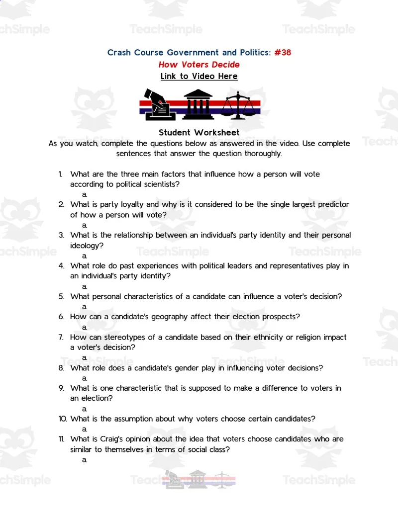 Crash Course Government Episode Worksheet | 38 - How Voters Decide by ...