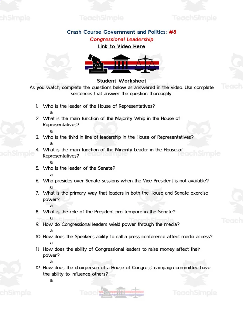 Crash Course Government Episode Worksheet | 8 - Congressional ...