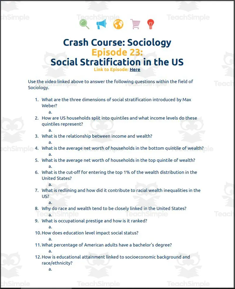 Crash Course Sociology #23: Social Stratification in the US Worksheet ...