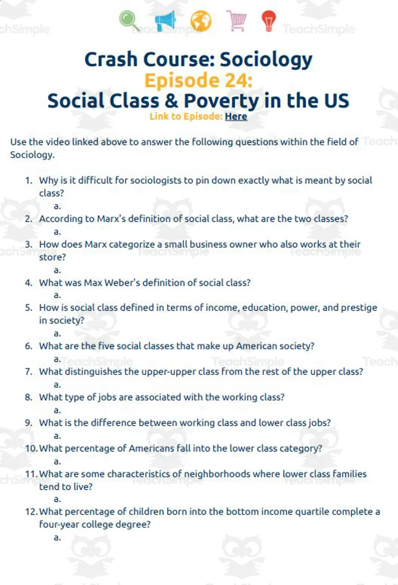 Crash Course Sociology #24: Social Class & Poverty in the US Worksheet ...