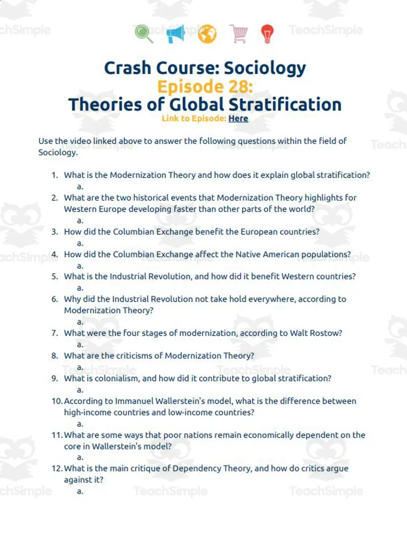 Crash Course Sociology #28: Theories of Global Stratification Worksheet ...