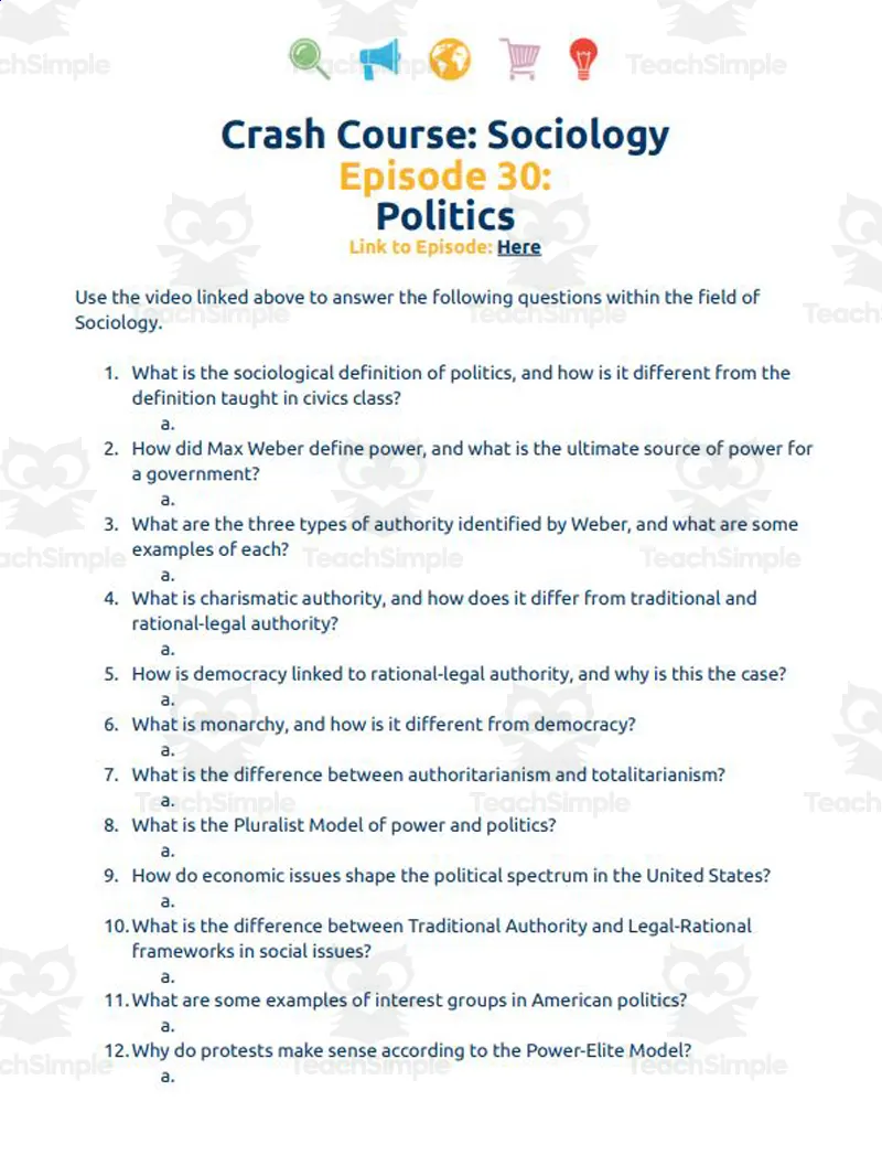 Crash Course Sociology #30: Politics Worksheet by Teach Simple