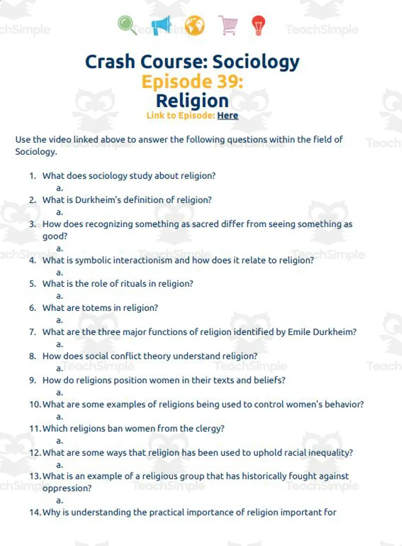 Crash Course Sociology #39: Religion Worksheet by Teach Simple