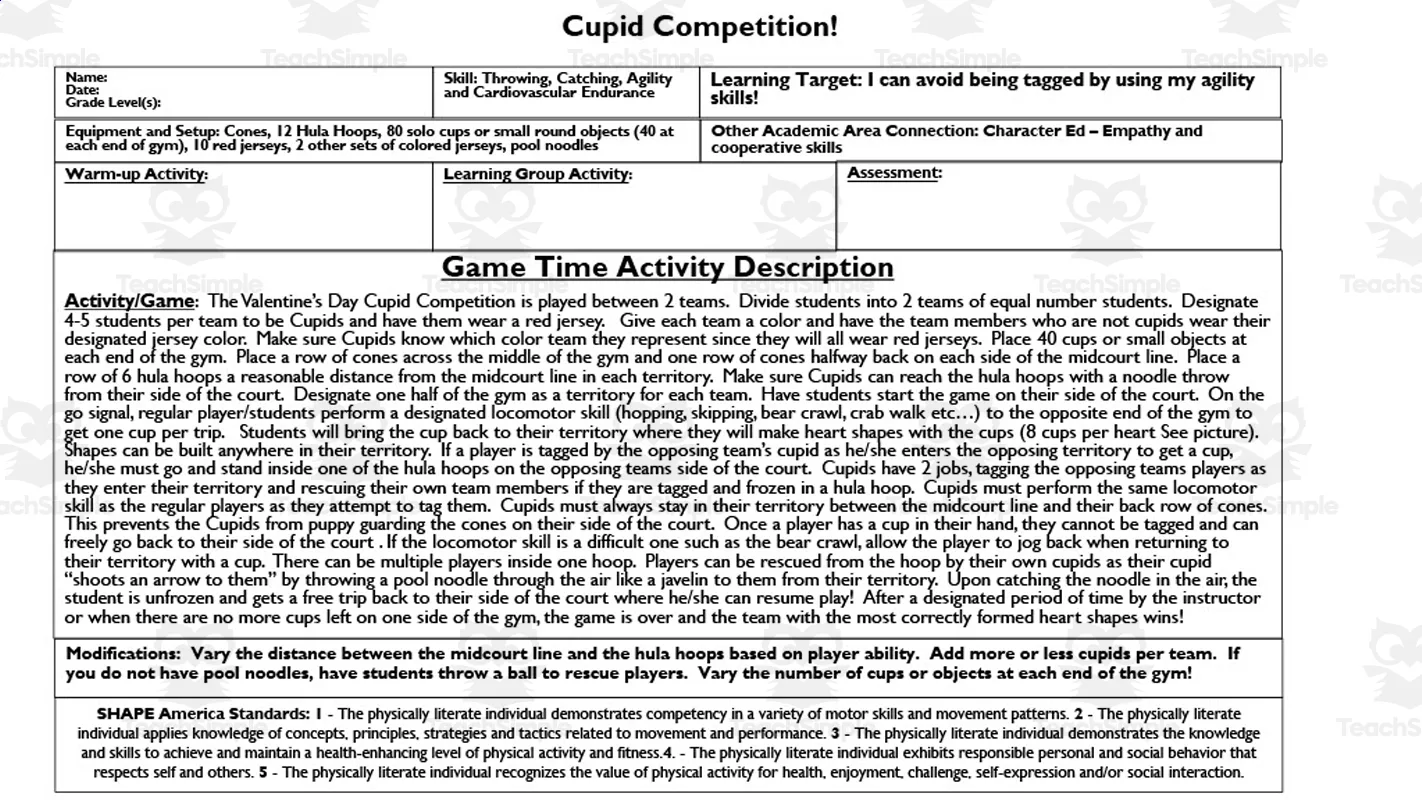 Cupid's Competition PE Game by Teach Simple