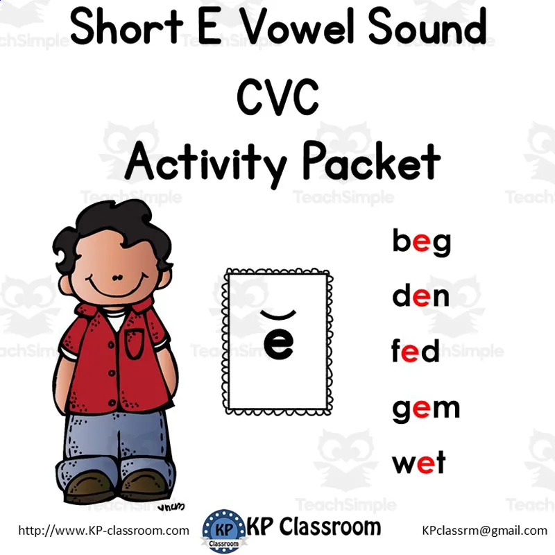 CVC Short E Vowel Sound Activity Packet and Worksheets by Teach Simple