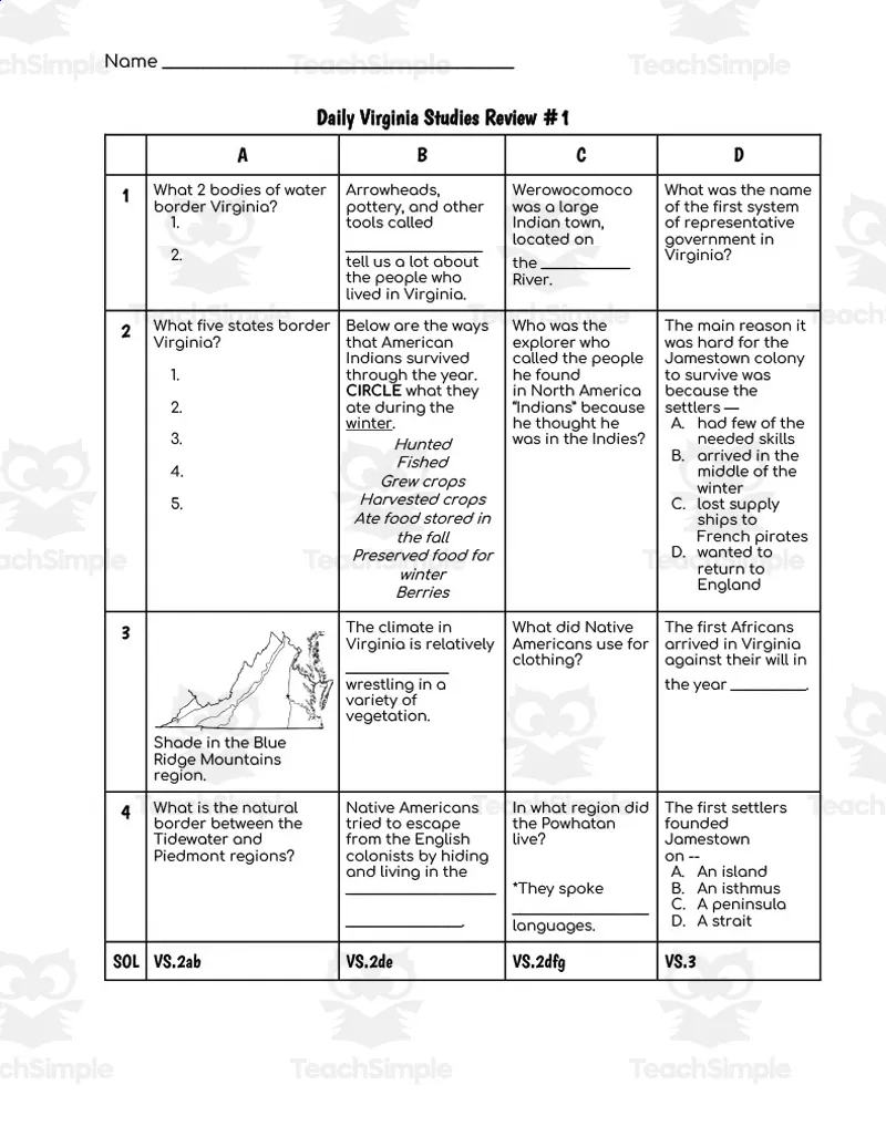 Daily Virginia Studies Review #1 (SOLs 2_3) by Teach Simple