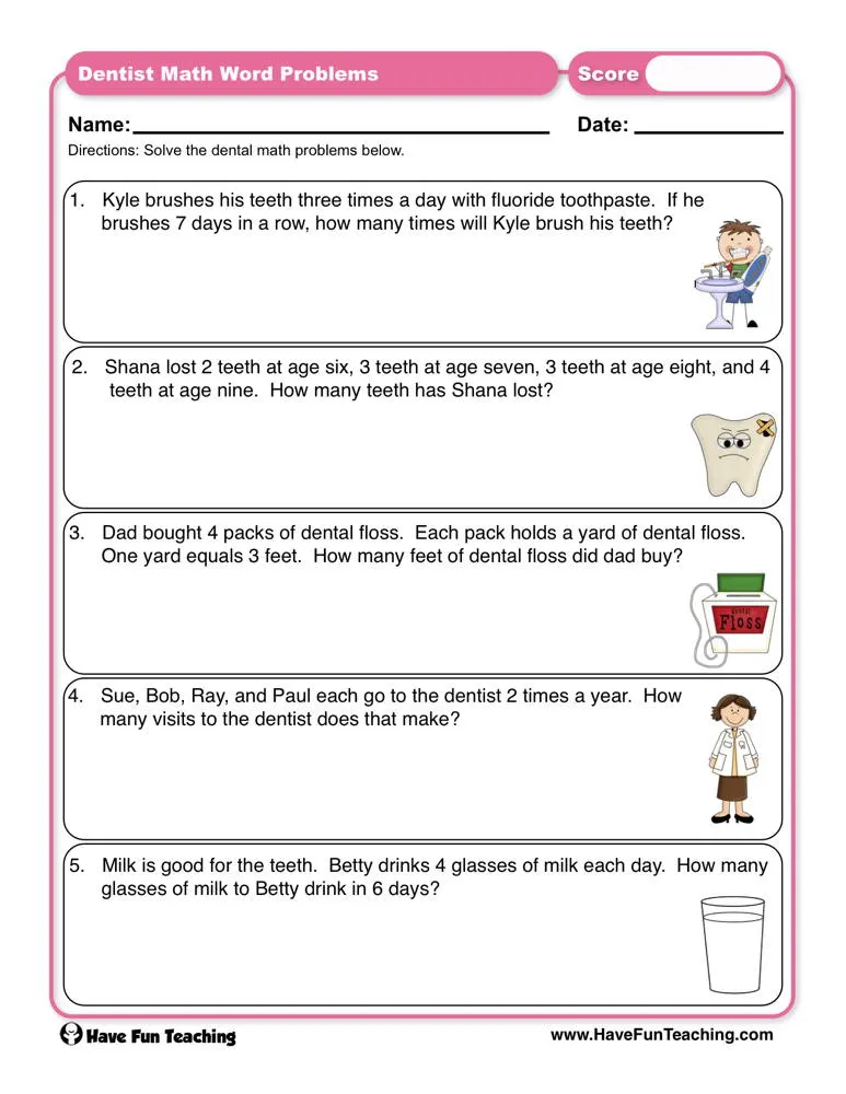 Dental Math Word Problems Worksheet by Teach Simple