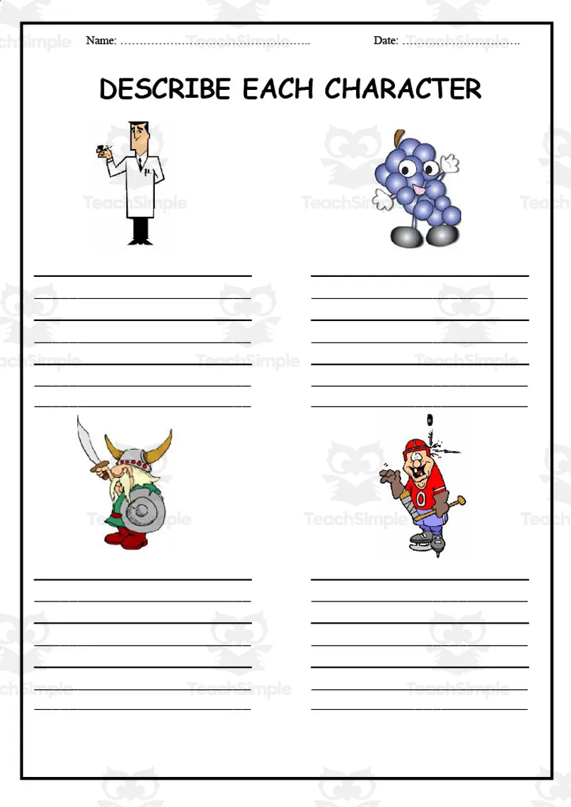 Describe Each Character Printable by Teach Simple