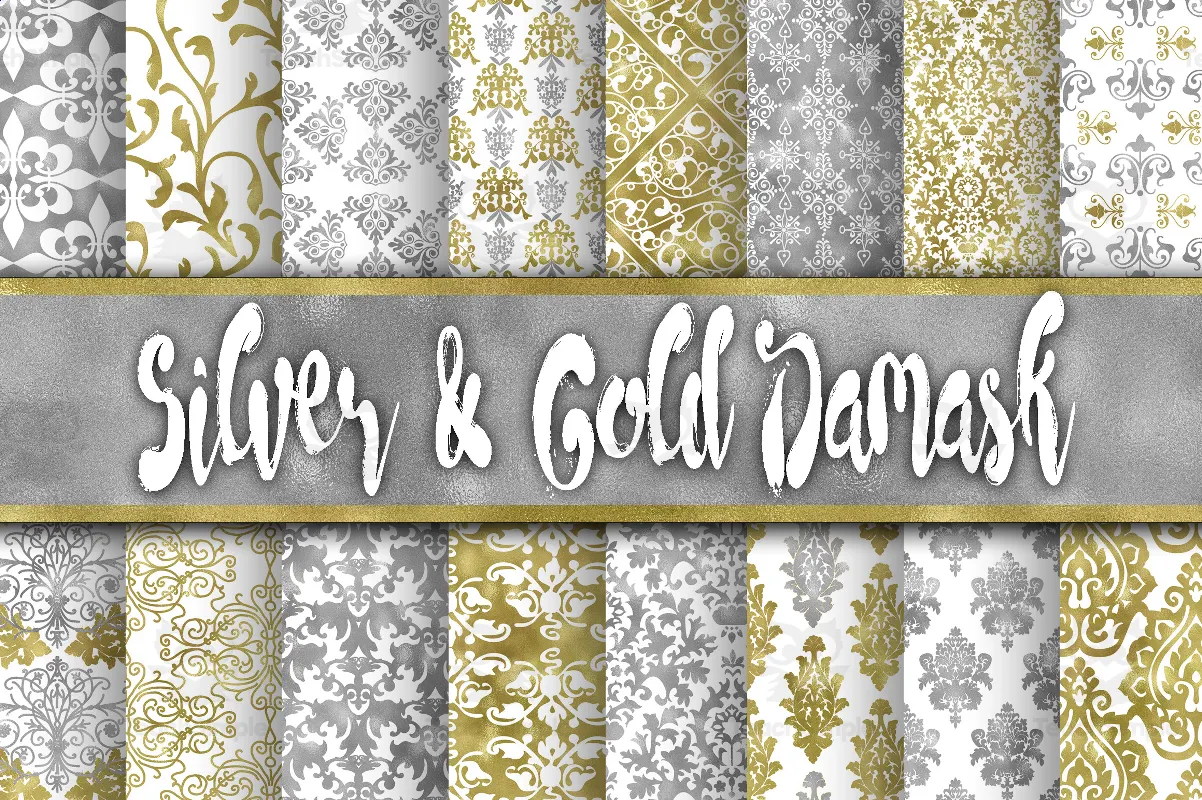 Digital Paper: Silver and Gold Damask by Teach Simple