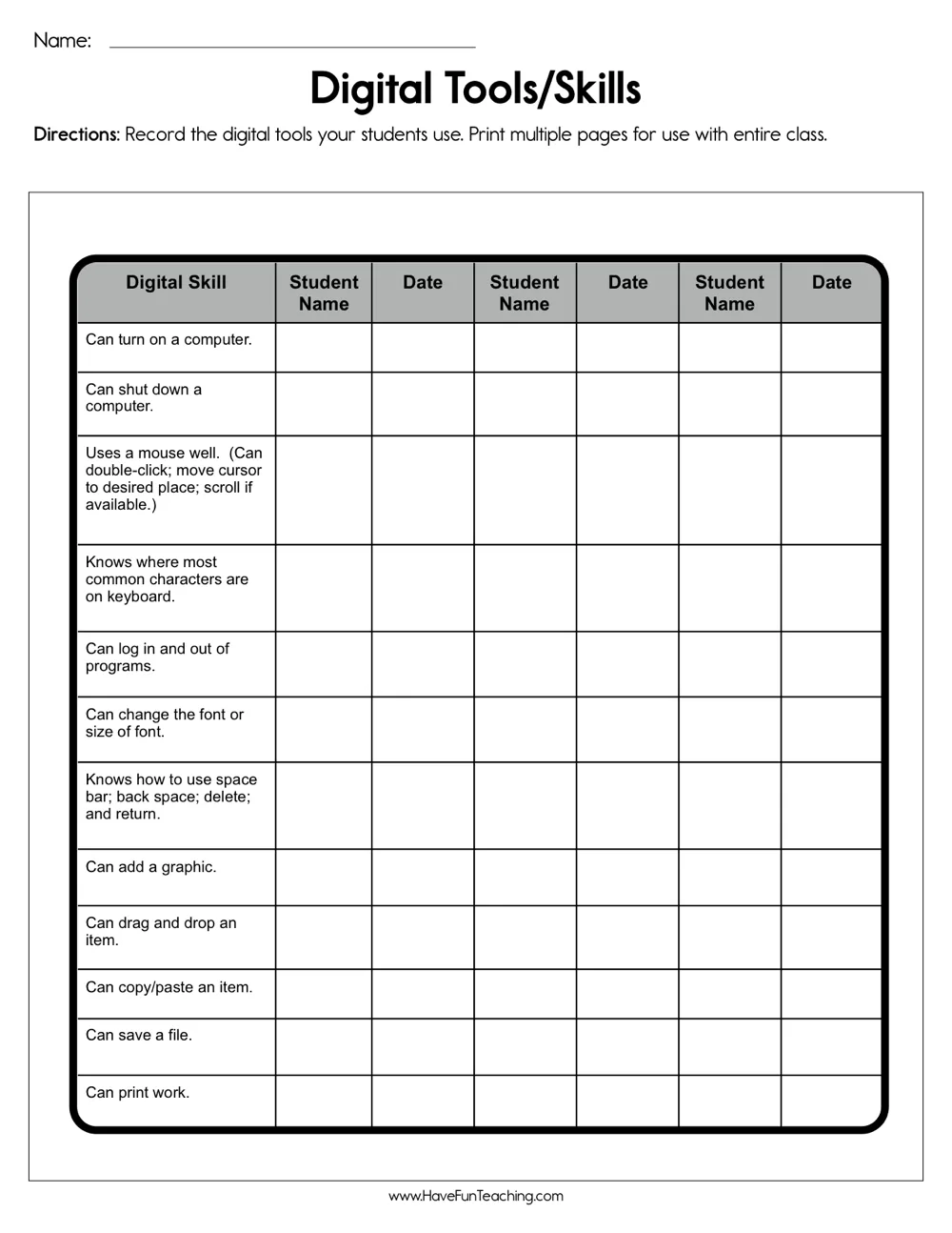 Digital Tools Skills Assessment Worksheet by Teach Simple