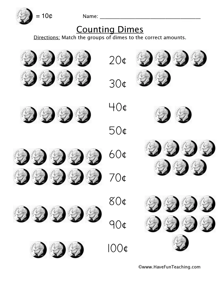 Dimes Matching Worksheet by Teach Simple