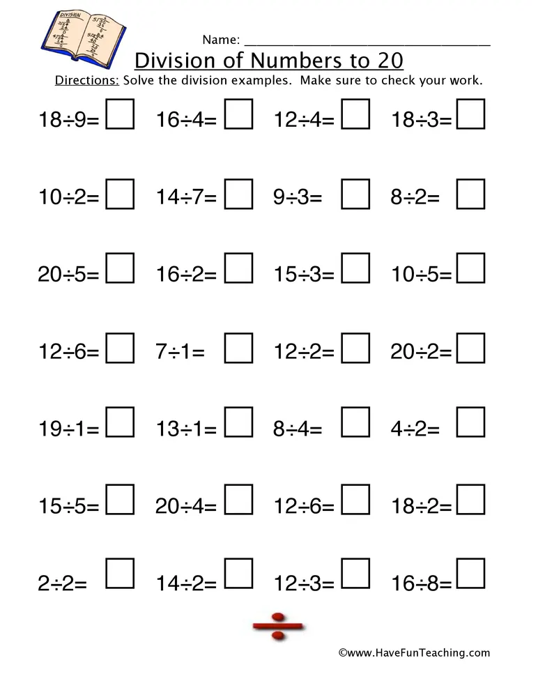 Division to Twenty Worksheet by Teach Simple
