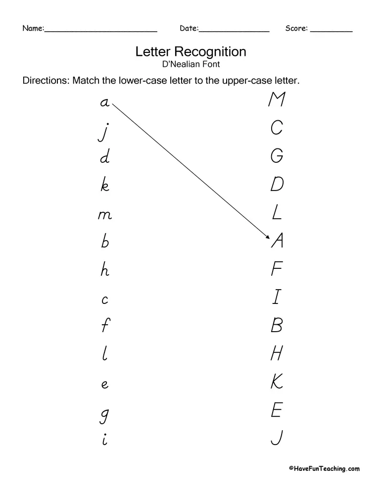 D'Nealian Handwriting Letter Matching Recognition Test by Teach Simple