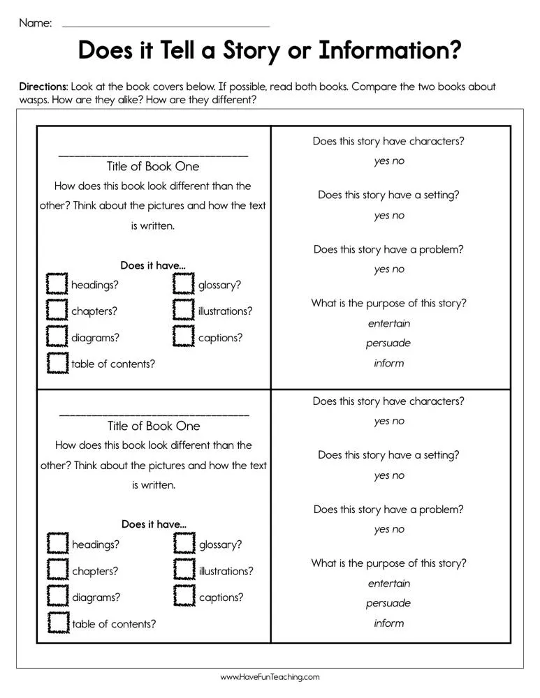 Does it Tell a Story or Information Worksheet by Teach Simple