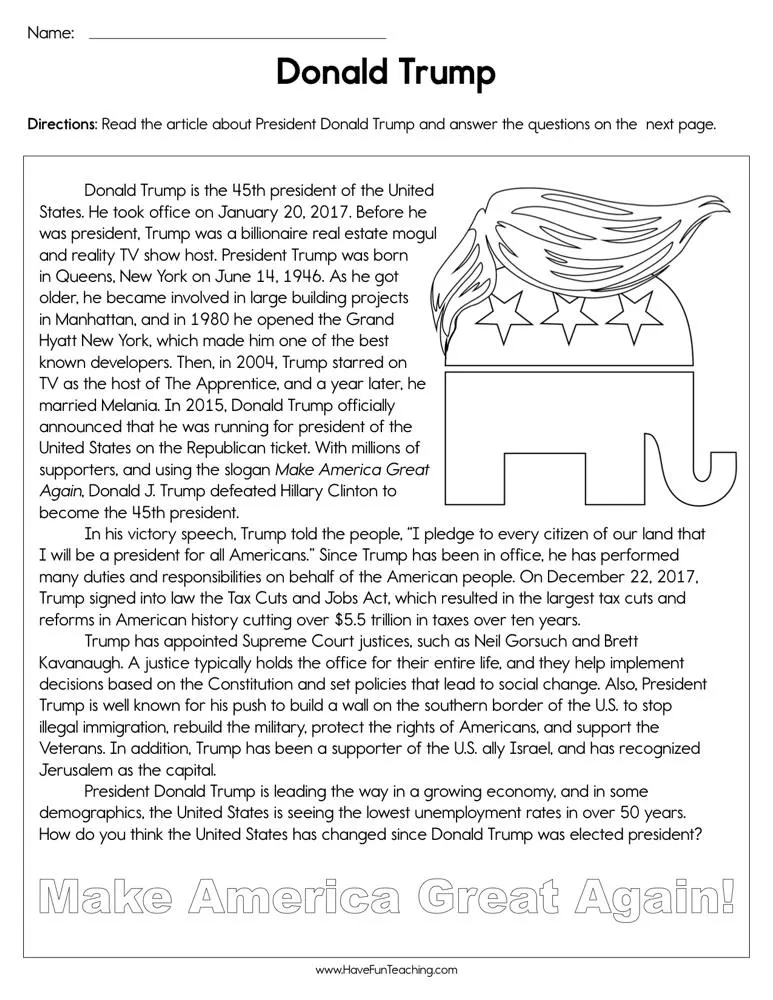 Donald Trump Reading Comprehension Worksheet By Teach Simple